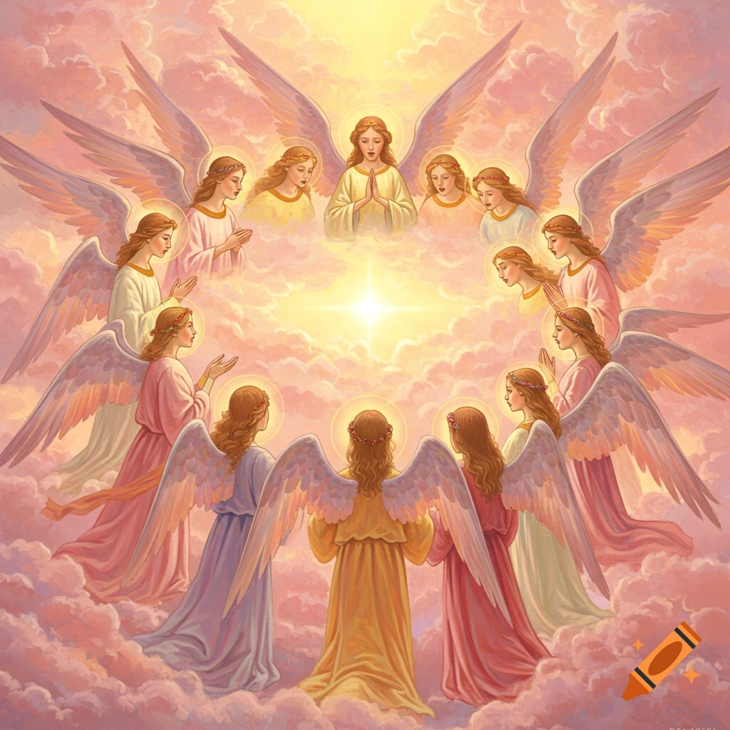 A group of angels with large wings floats among clouds in a golden sky ...