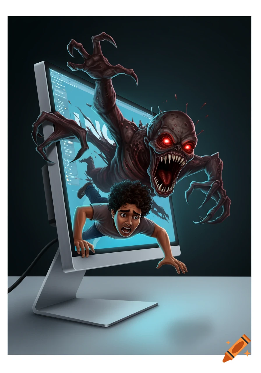 An illustrative depiction of a monster and a person emerging from a ...