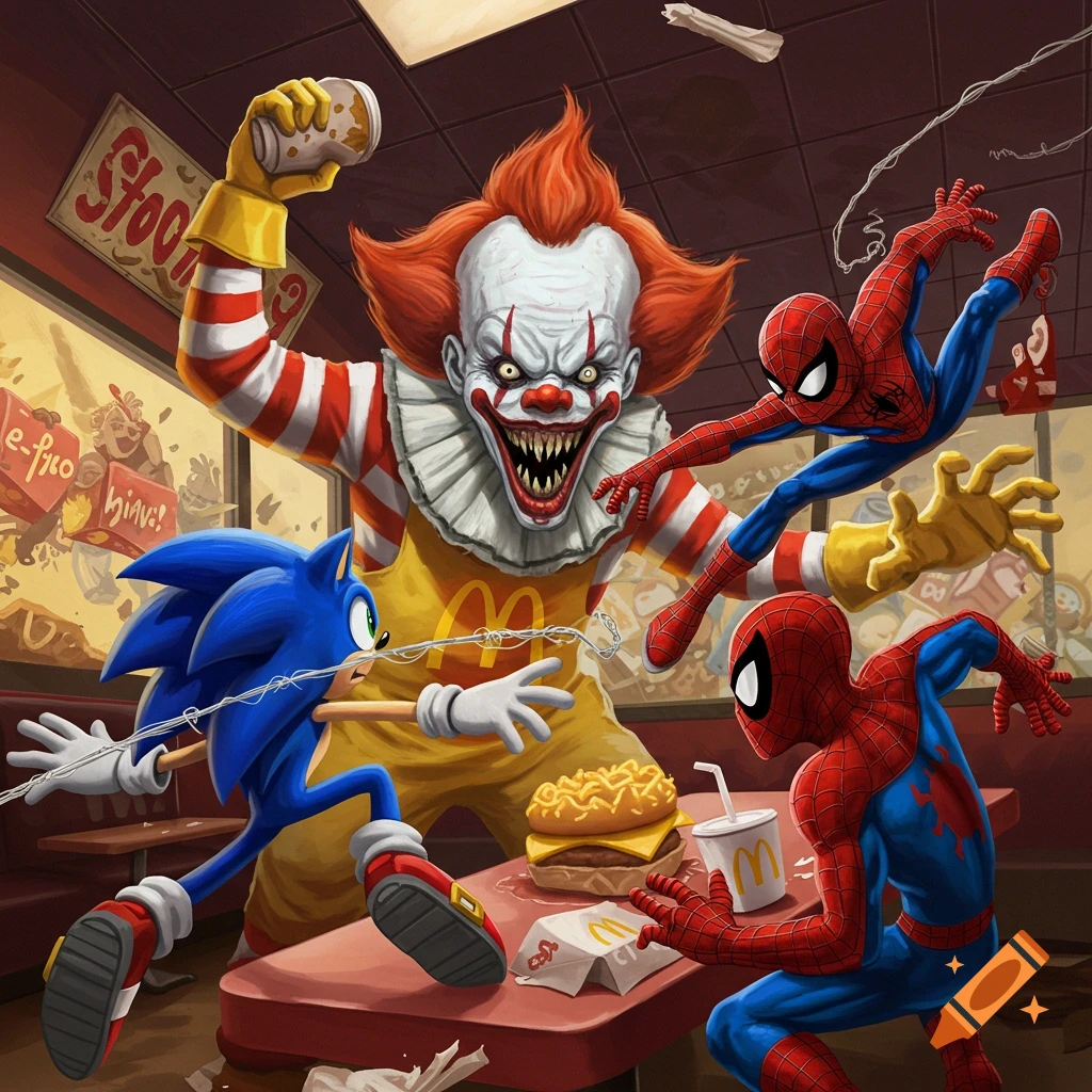 A scary clown fights Sonic the Hedgehog and Spider-Man inside a fast ...