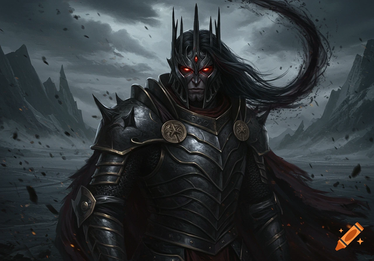 Dark fantasy king in black armor with red eyes and a spiky crown stands ...