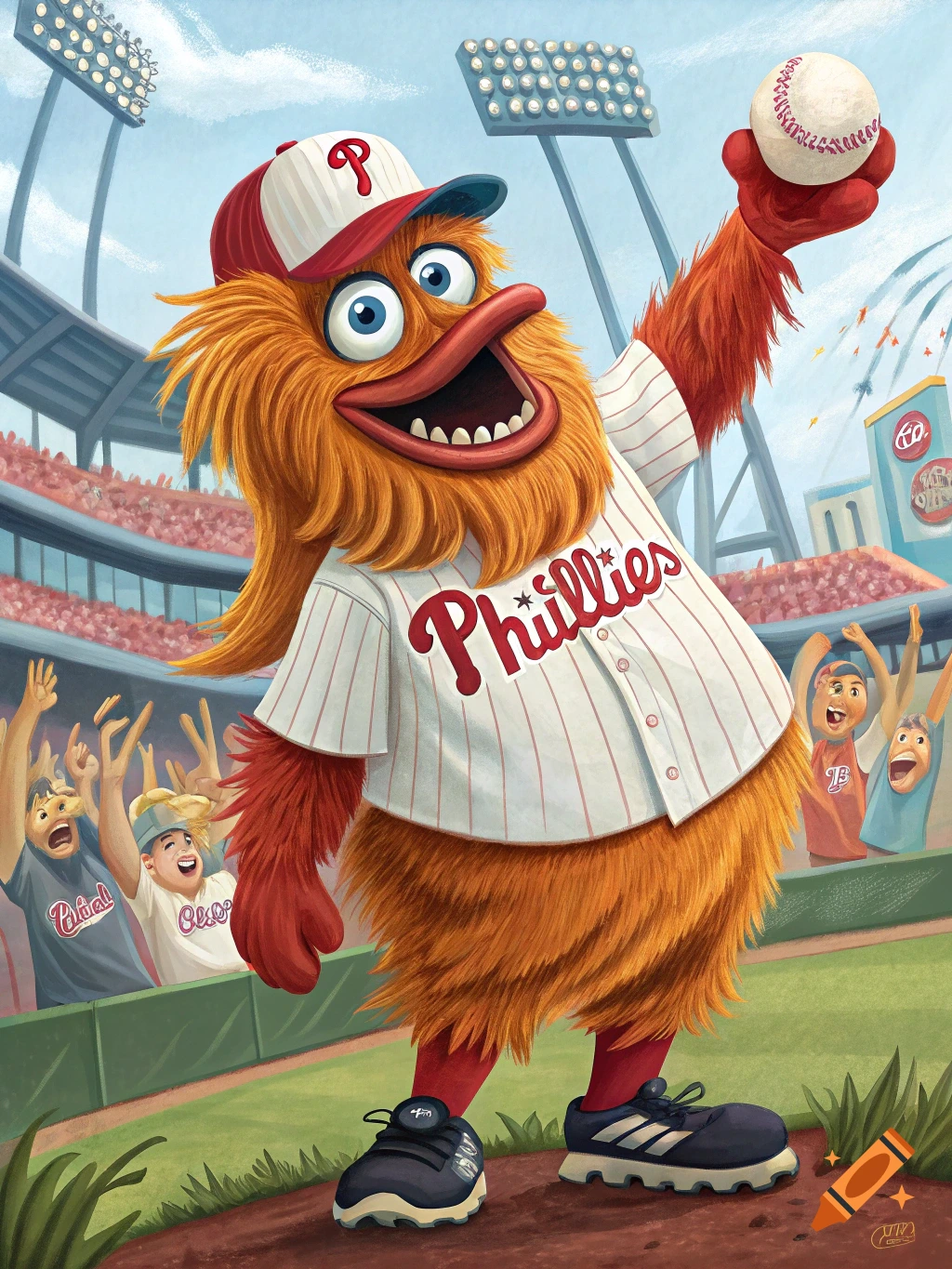 Gritty mascot in Phillies uniform holding baseball in stadium on Craiyon