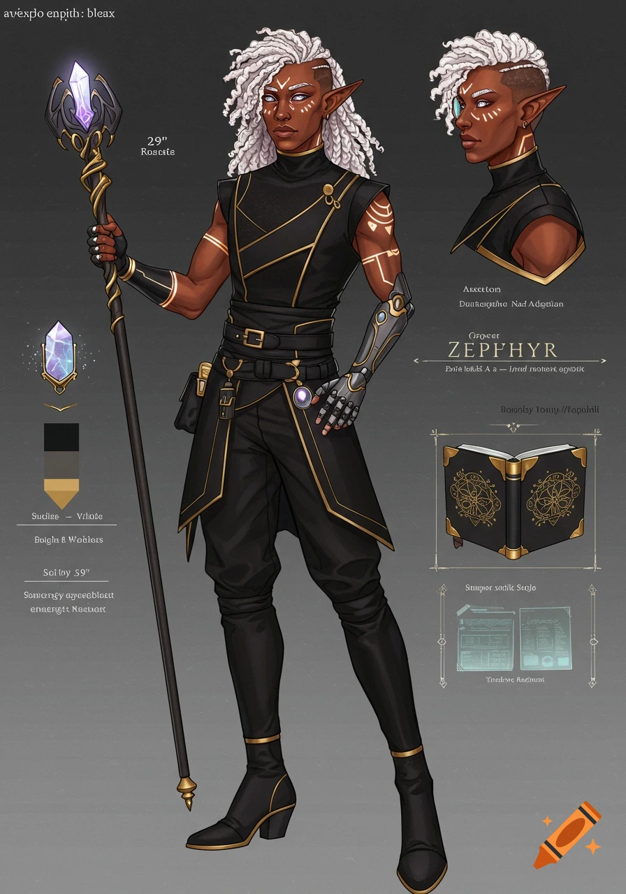 Character concept art of a dark-skinned elf with white dreadlocks ...