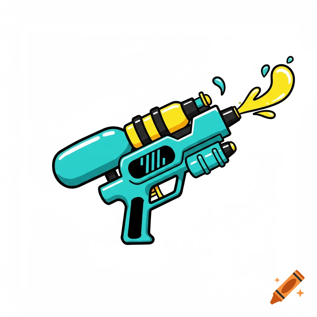 A cartoon illustration of a blue and yellow water gun spraying water ...