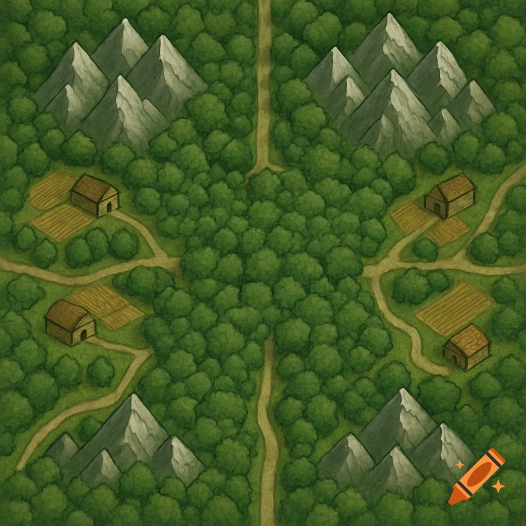 Top-down fantasy map of a symmetrical forest with mountains, farms, and ...