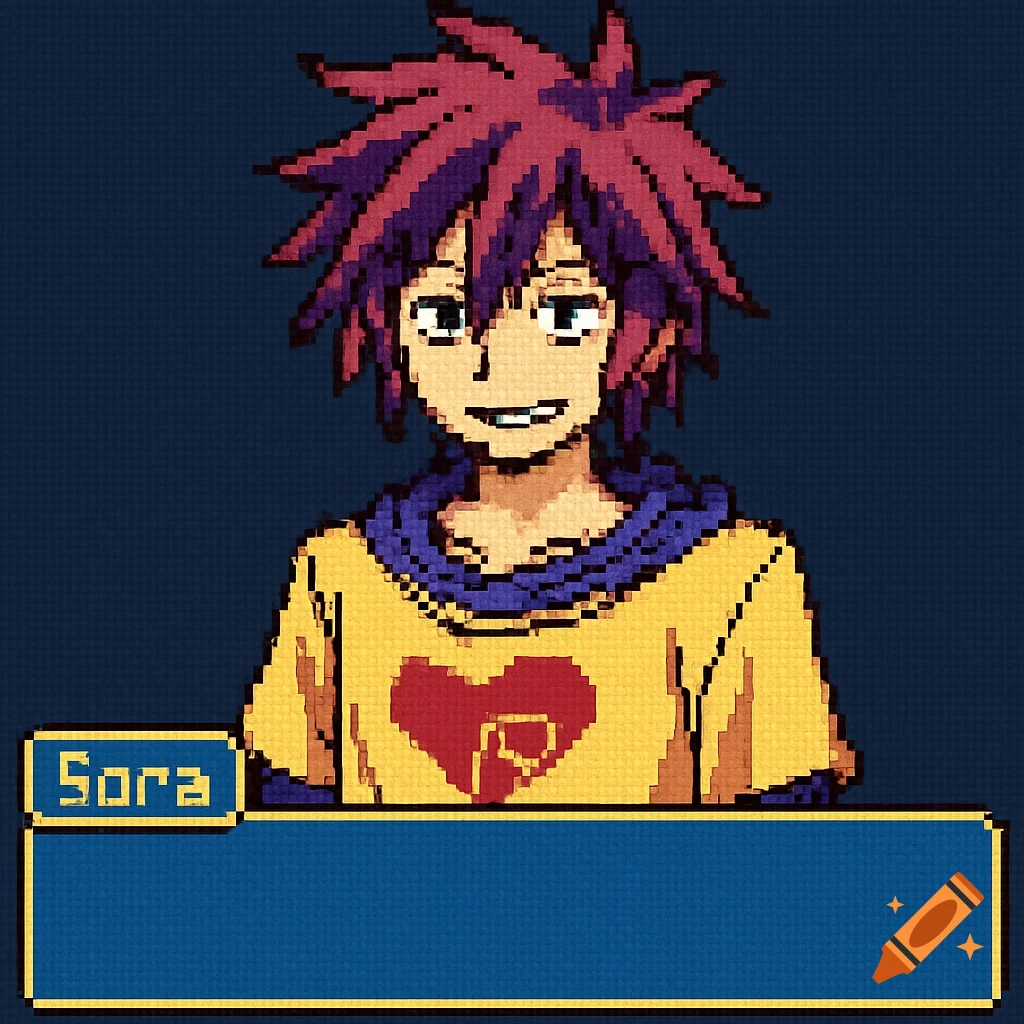Pixel art portrait of Sora from No Game No Life above a JRPG text box ...