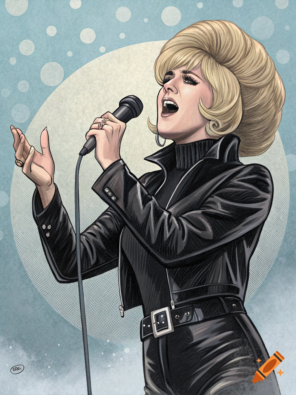 Stylized illustration of a singer with a beehive hairstyle, wearing a ...