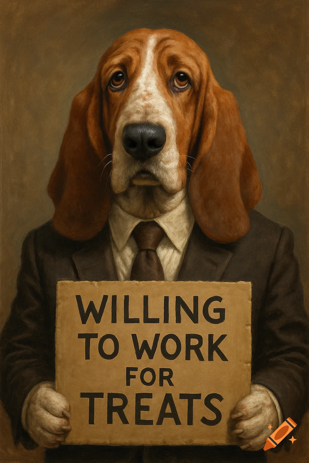 Painting of a Basset Hound in a suit holding a sign 'WILLING TO WORK ...