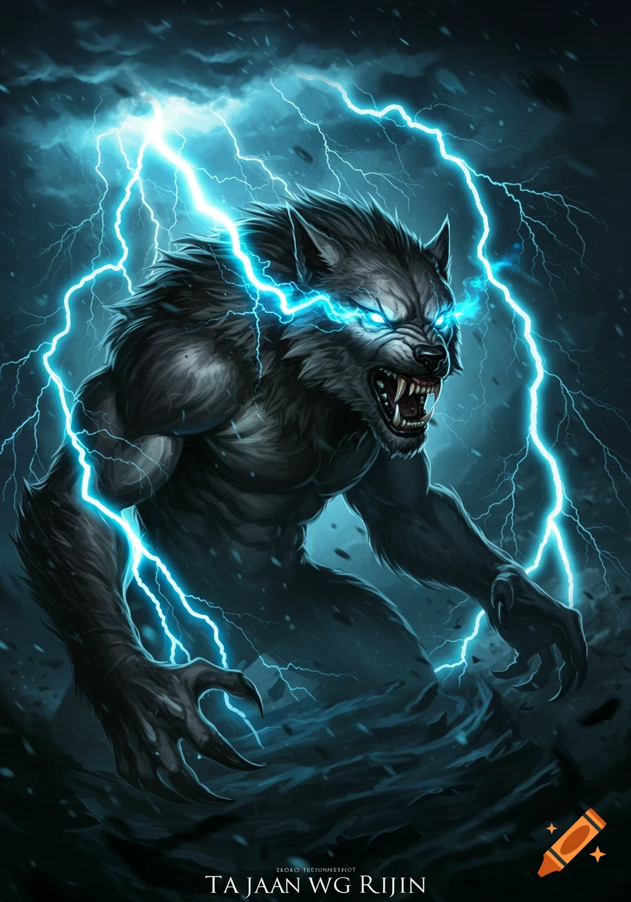 A snarling werewolf with glowing eyes and lightning strikes in a dark ...