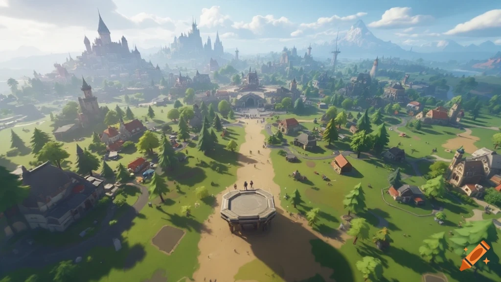 Aerial view of a fantasy town and castle landscape in a stylized 3D ...