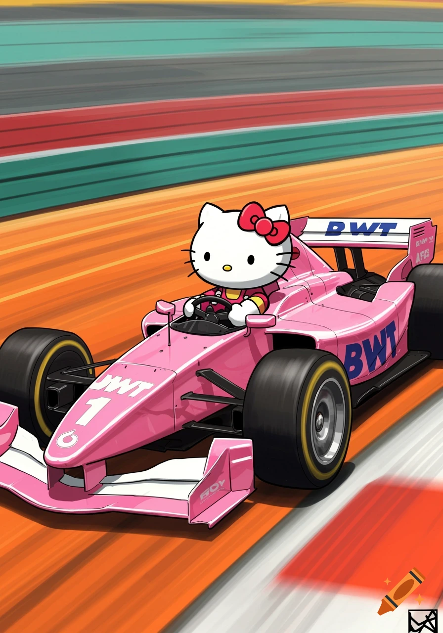 Hello Kitty drives a pink Formula One race car on a track in a stylized illustration. on Craiyon