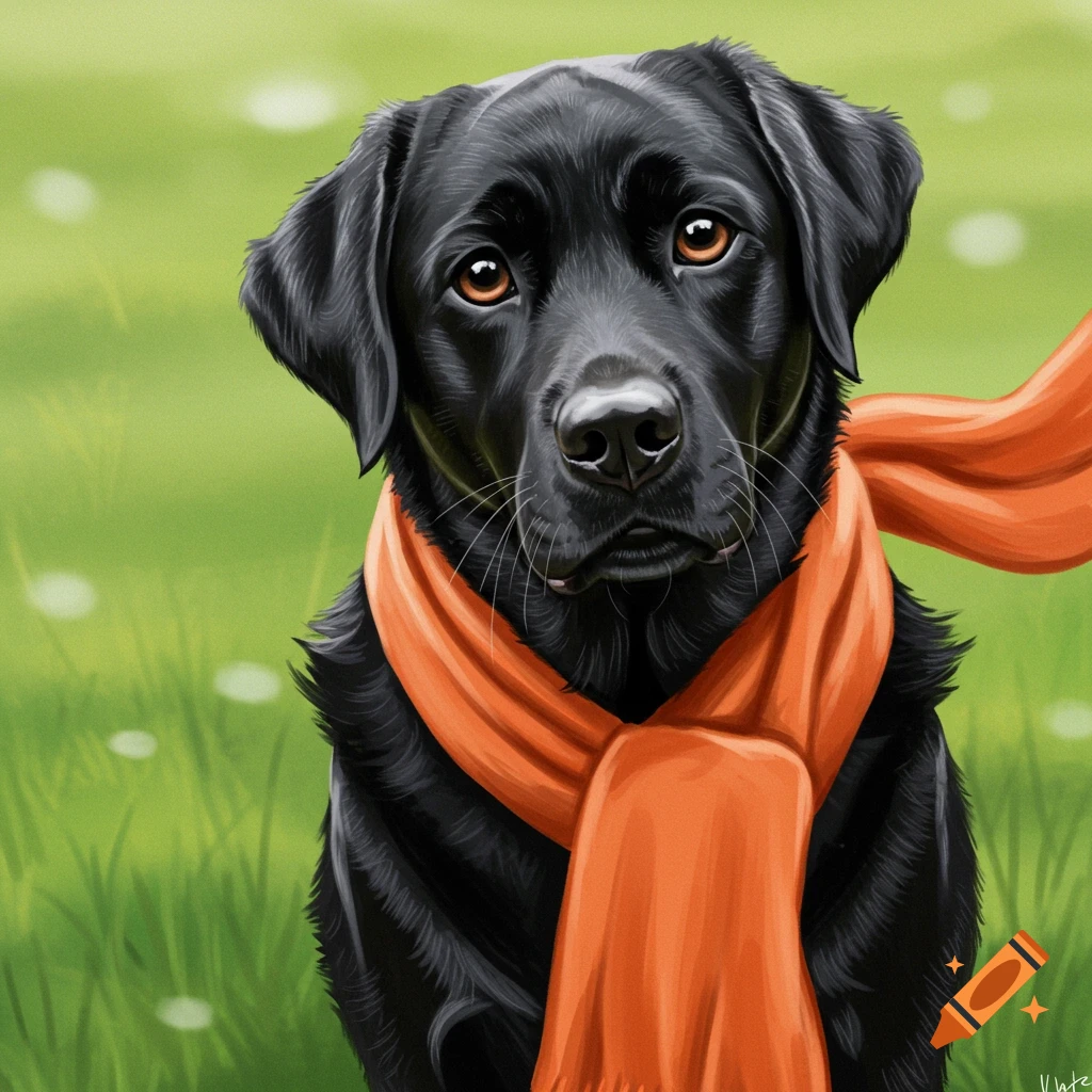 Illustration of a black labrador dog wearing an orange scarf in a field ...