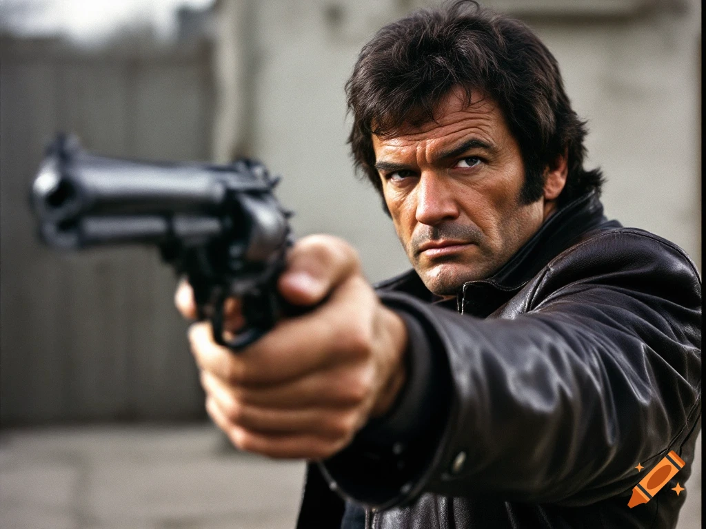 Stern man in a leather jacket aiming a revolver directly at the viewer ...