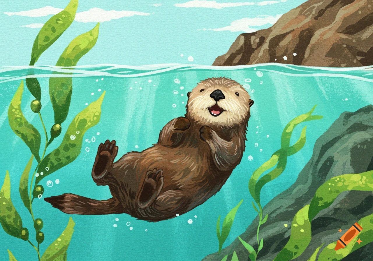 Watercolor illustration of a happy sea otter floating in the water with kelp and rocks. on Craiyon