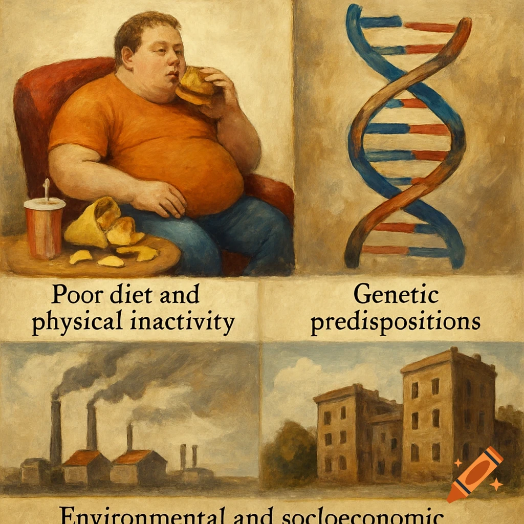Four panel painting illustrating factors: poor diet/inactivity (man ...