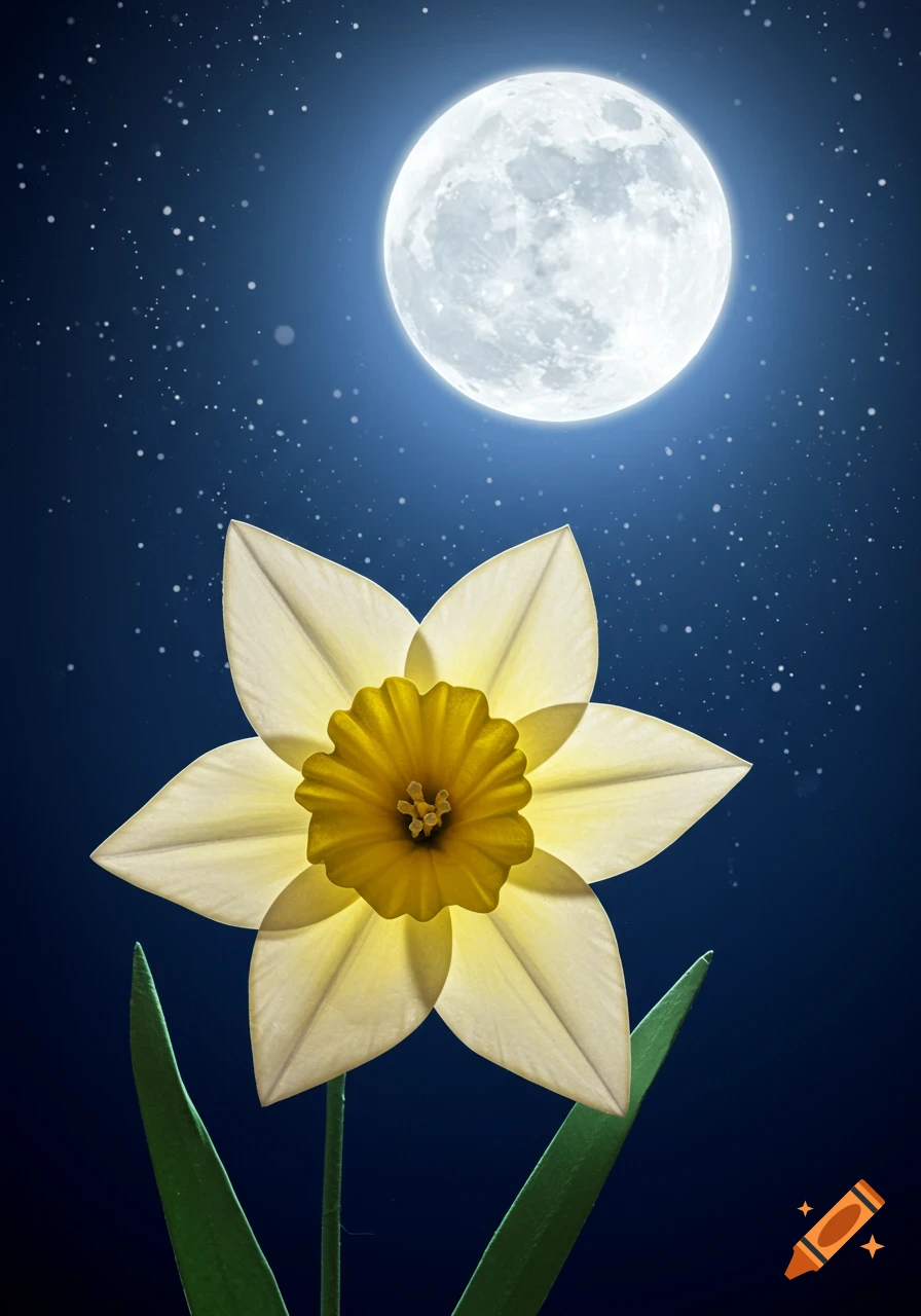 A close-up of a yellow and white daffodil under a full moon and stars ...