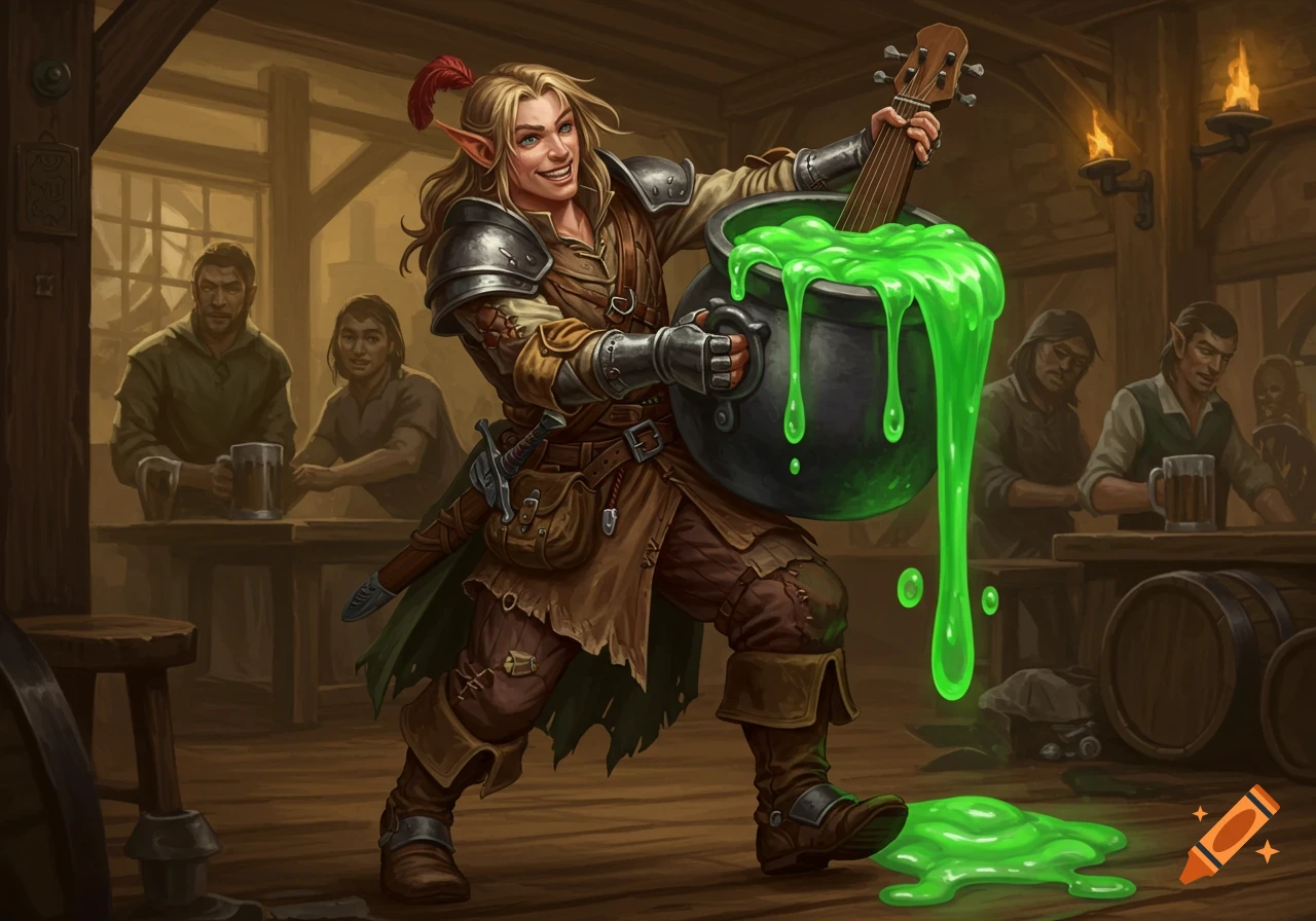 Fantasy illustration of a half-elf bard holding a pot of green slime in ...