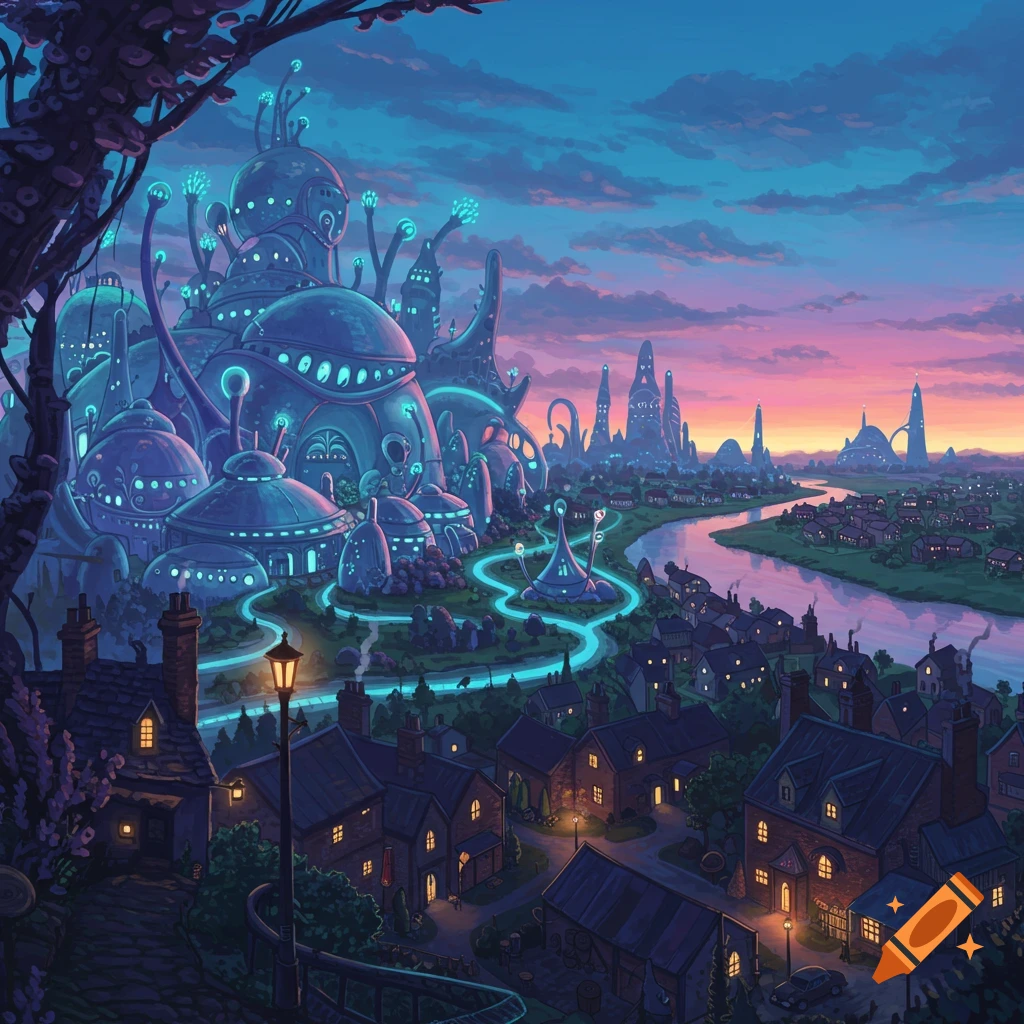 Detailed fantasy art shows a futuristic alien city next to a human town ...