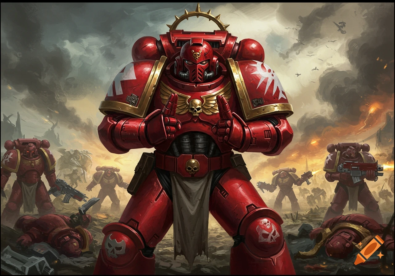 Red armored Warhammer 40k Space Marine makes hand signs in a battle ...