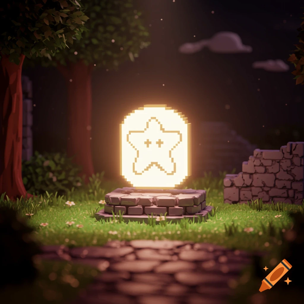 A glowing pixel star on a stone base in a forest clearing at night ...