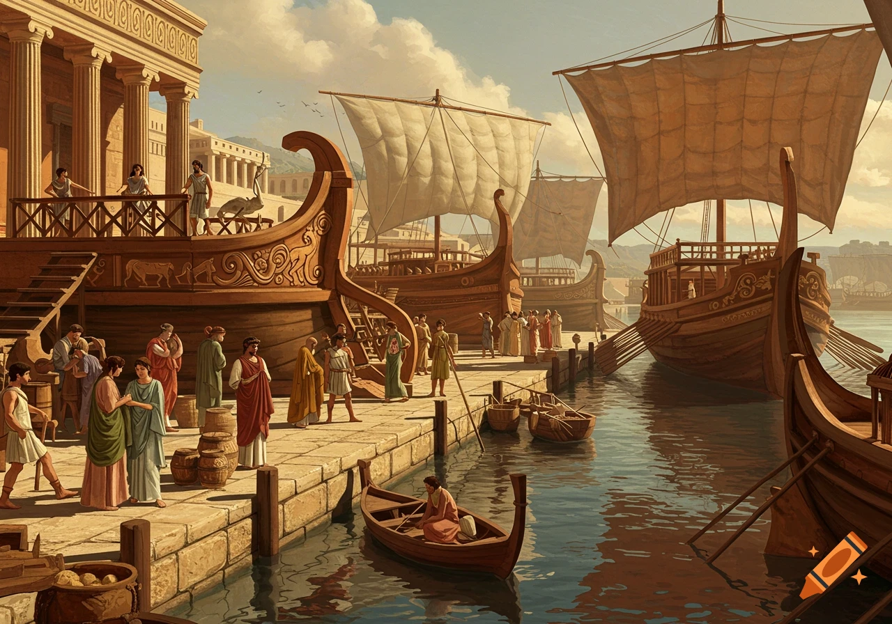 Painting of ancient Greek ships docked at a bustling port with people ...