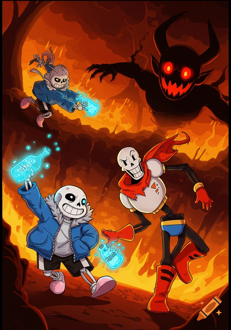 Sans and Papyrus throw holy water bottles at a demon in a fiery setting ...