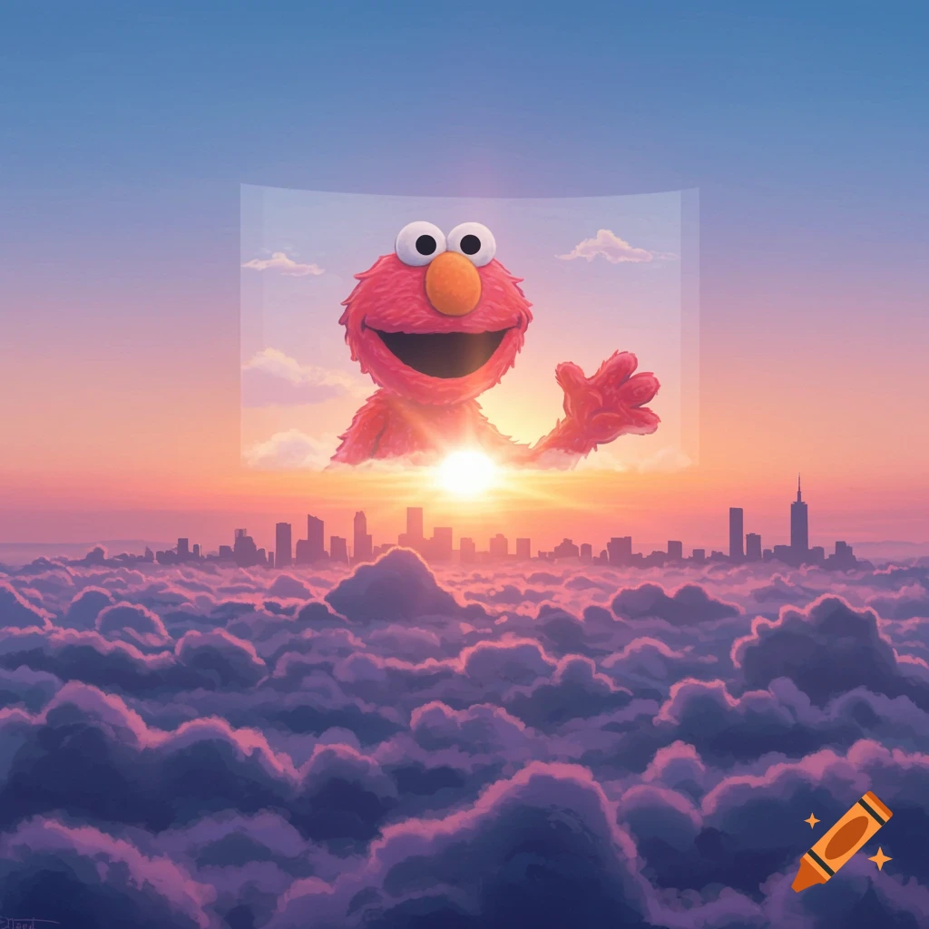 Elmo appears on a screen above clouds and a city skyline at sunrise. on ...