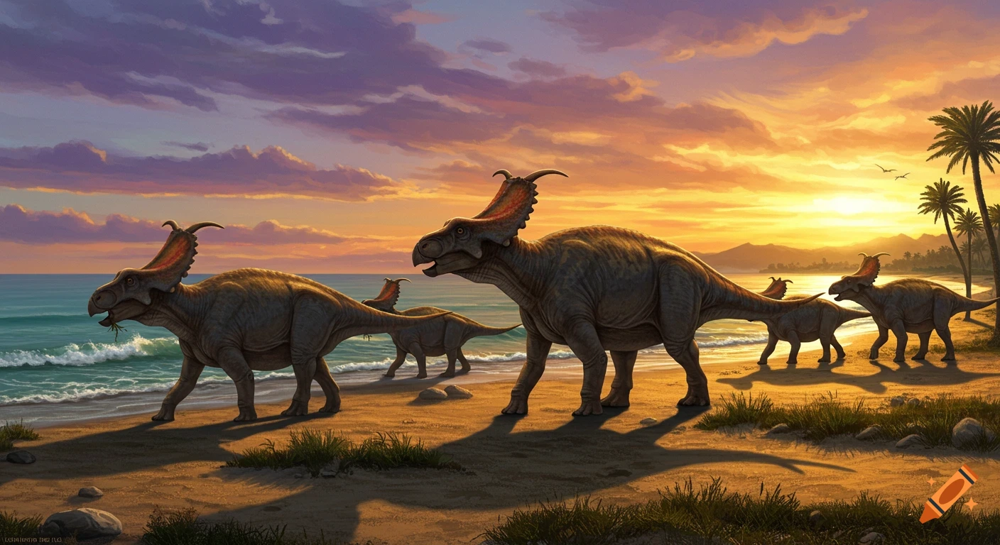A herd of Centrosaurus dinosaurs walks along a beach at sunset. on Craiyon