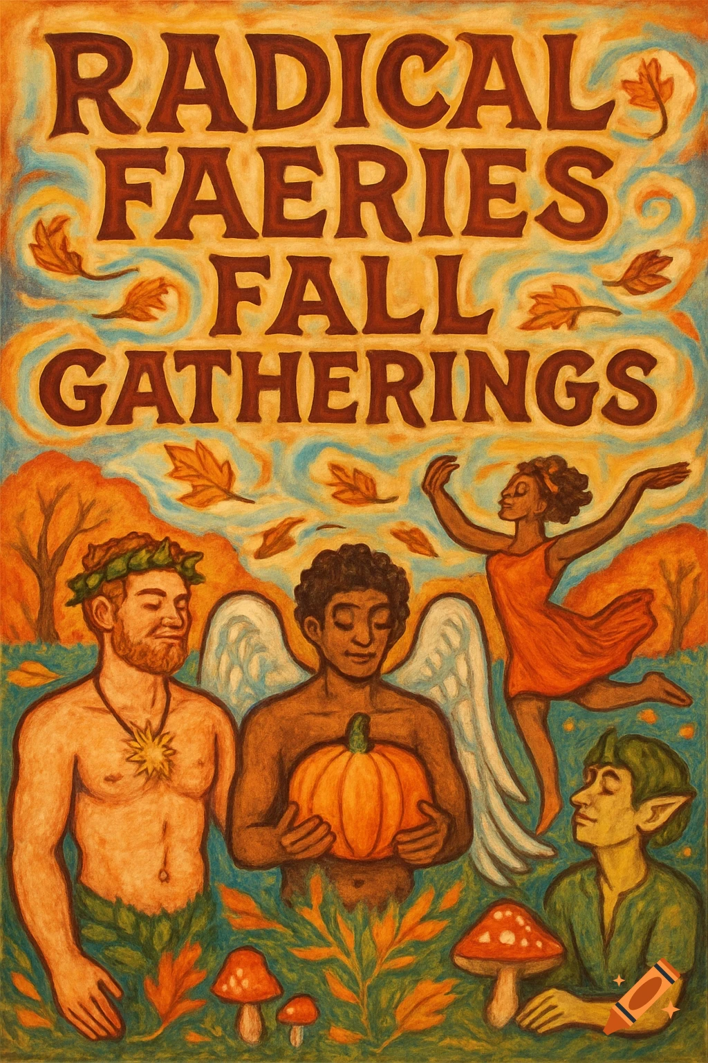 Illustration of a fall gathering with people and faeries, text reads ...