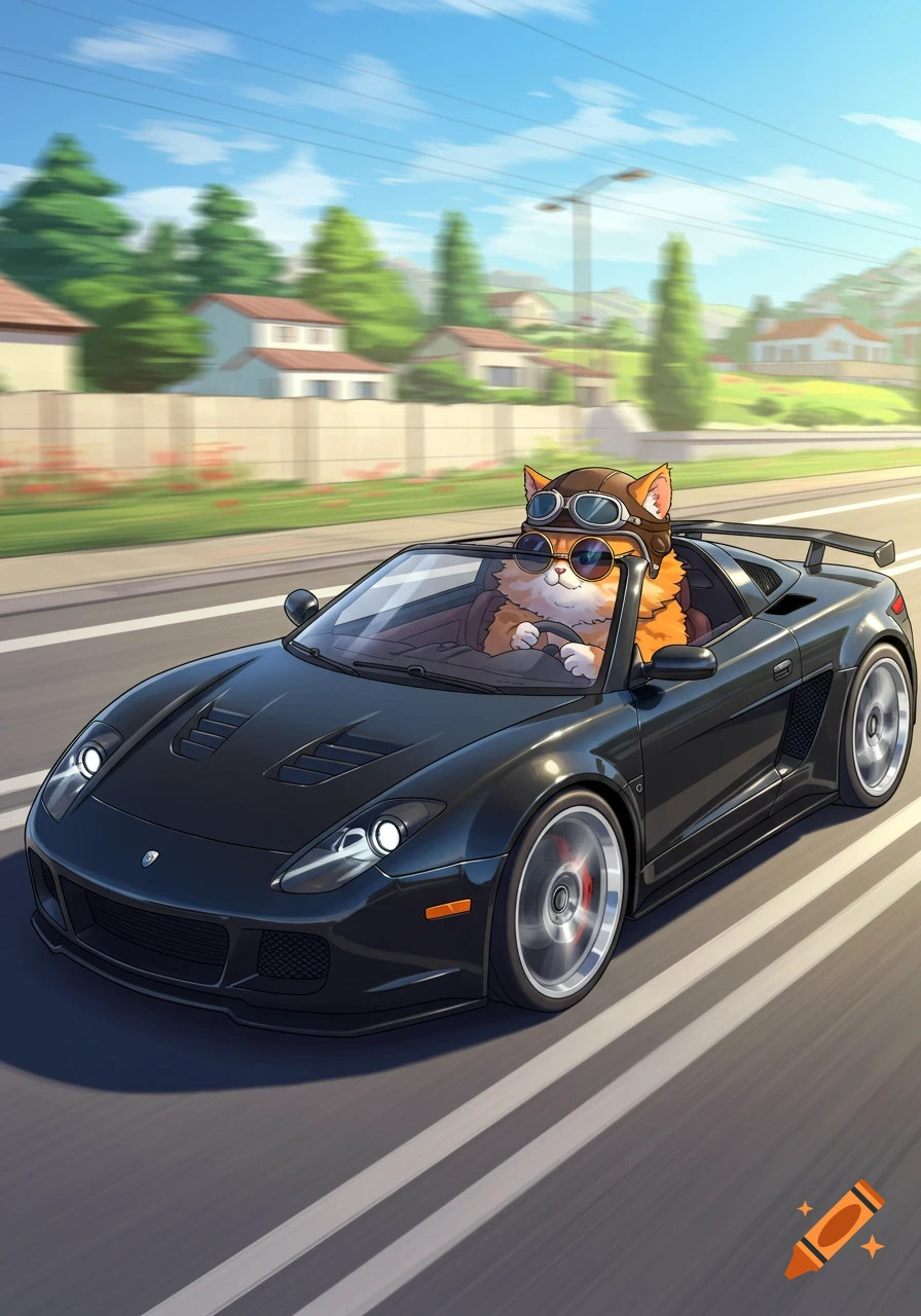 Cartoon cat wearing goggles and helmet driving a black supercar down a ...