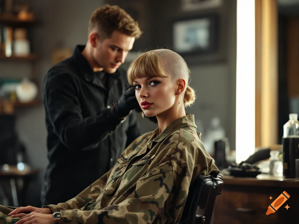 Woman in military jacket gets head shaved by barber in a salon setting ...