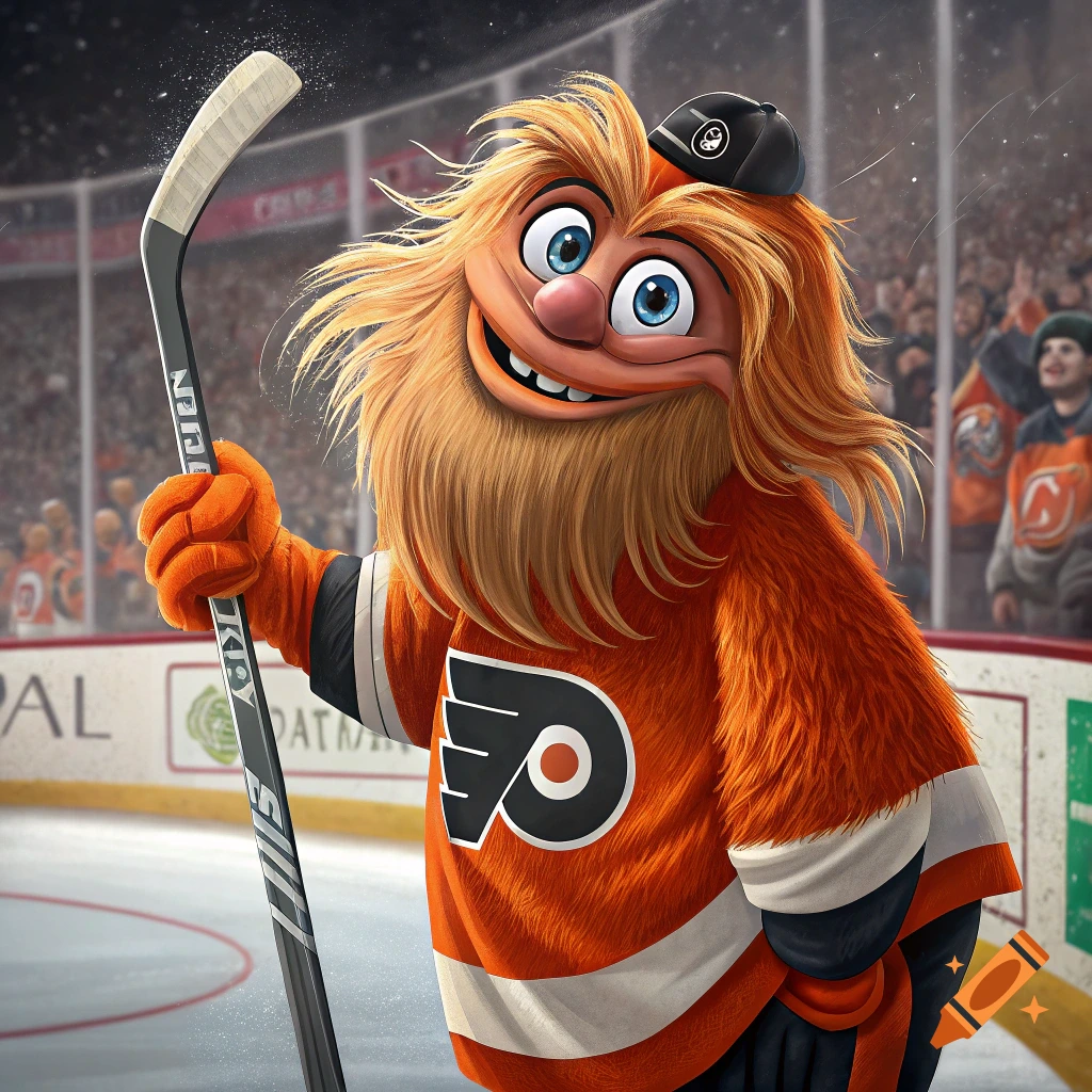 Cartoon character Gritty holds a hockey stick on an ice rink on Craiyon