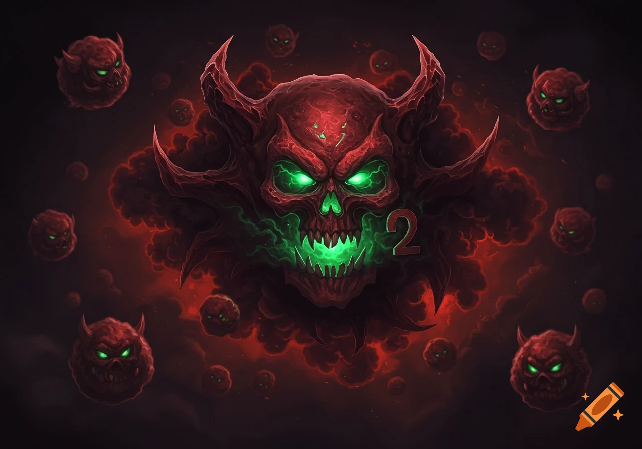 A demonic skull with glowing green eyes surrounded by smaller flying ...