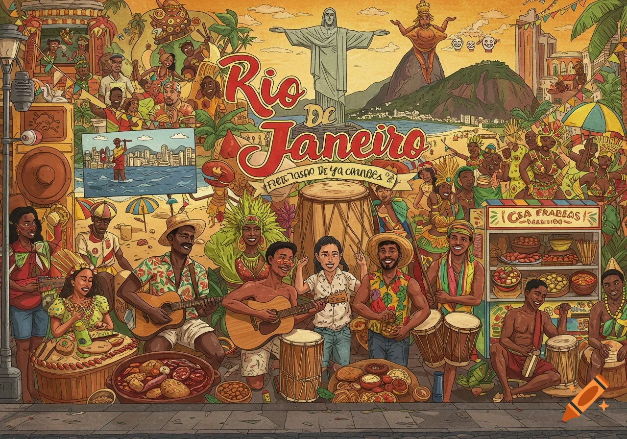 A busy, colorful mural depicting Rio de Janeiro culture, food, music ...