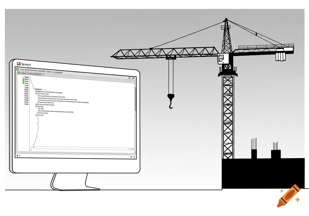 A line drawing illustration of a computer screen next to a construction ...