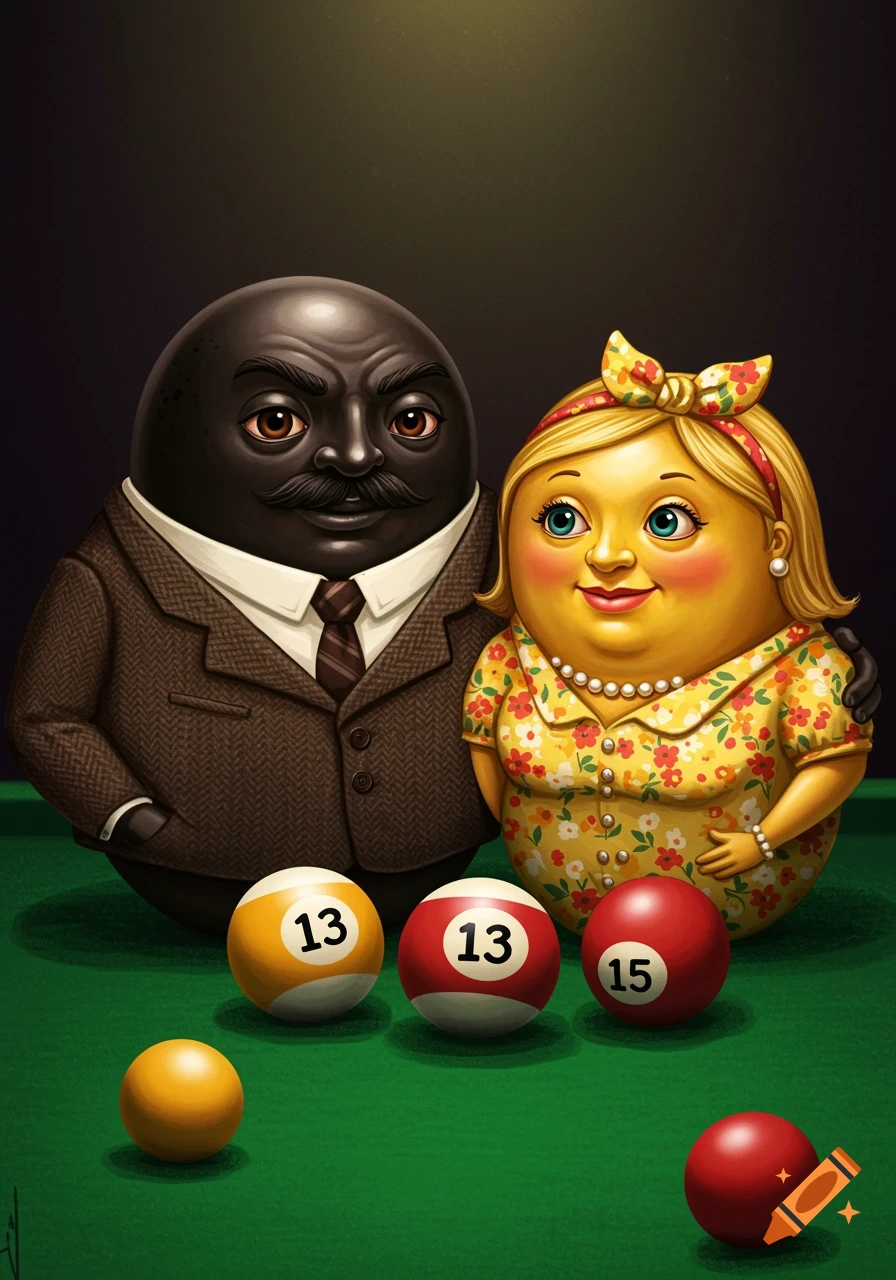 An illustration of two anthropomorphic billiard balls, a male and ...