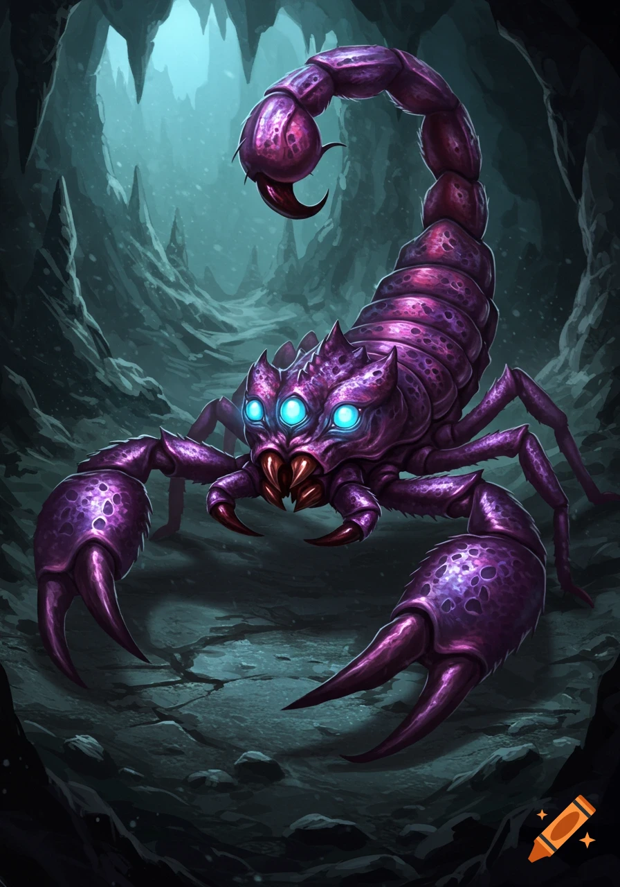 Illustration of a purple scorpion with three glowing blue eyes in a dark cave environment. on ...
