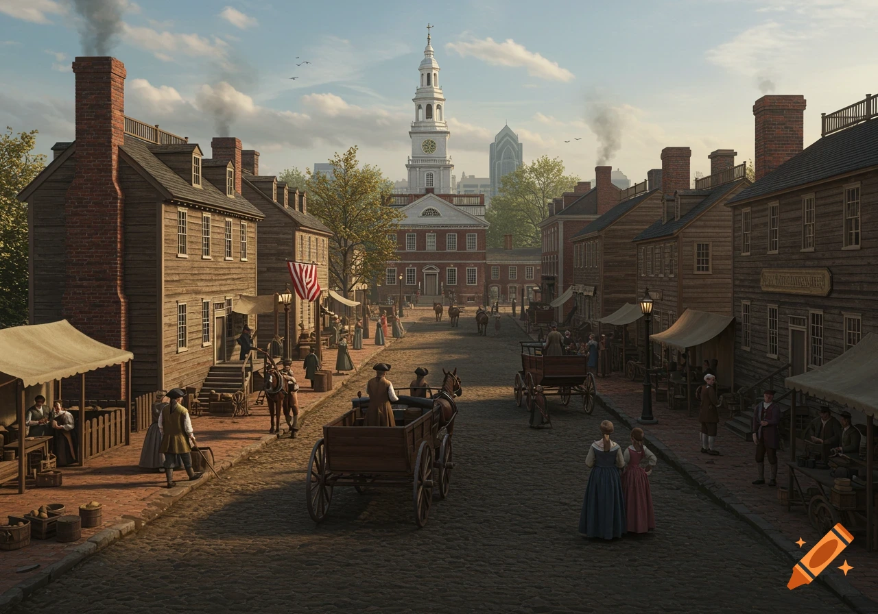 A realistic historical street scene in 18th-century Philadelphia with ...
