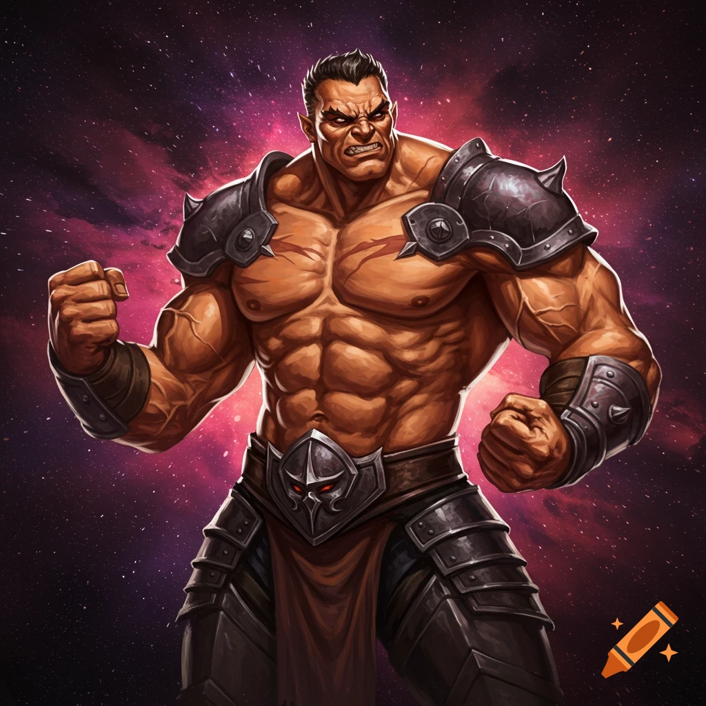 A muscular warrior in armor flexing their arms against a cosmic ...