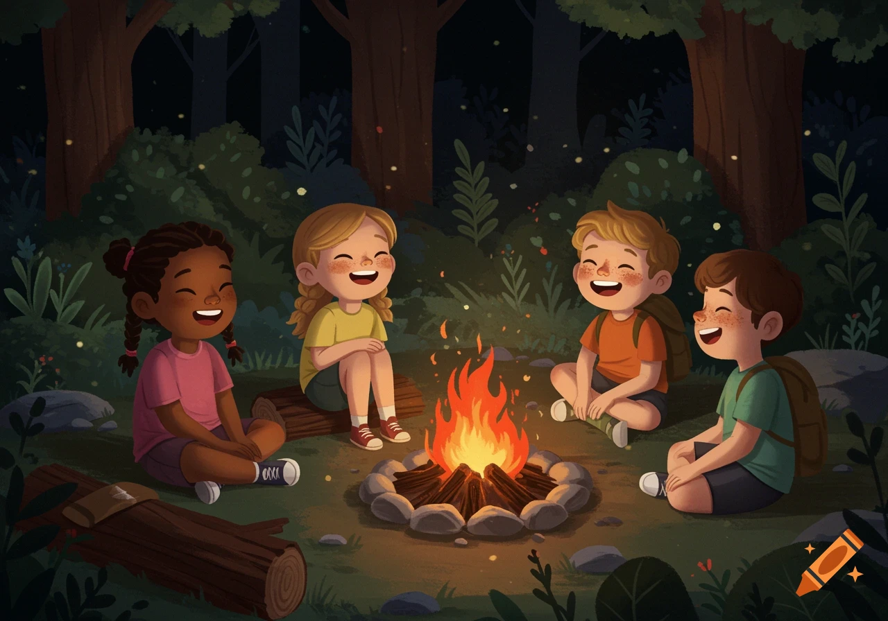 Illustration of four happy children sitting around a campfire in a ...