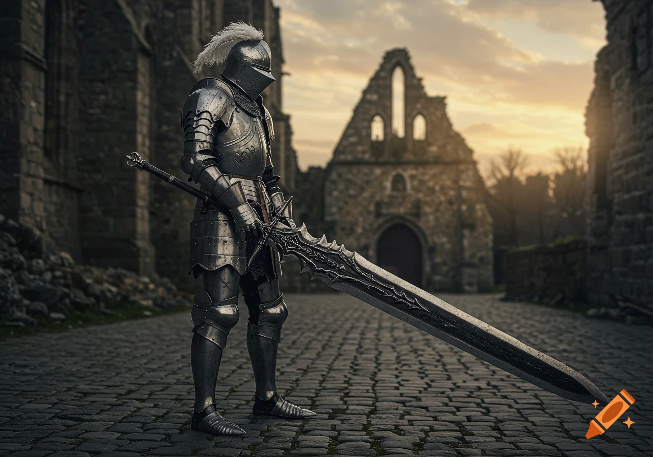 A knight in silver armor stands with a greatsword in front of ruins at sunset. on Craiyon
