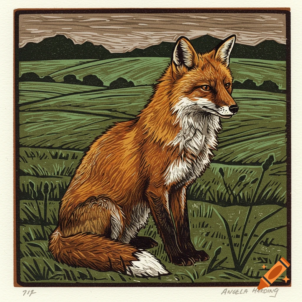 Linocut style illustration of a fox sitting in a grassy field. on Craiyon
