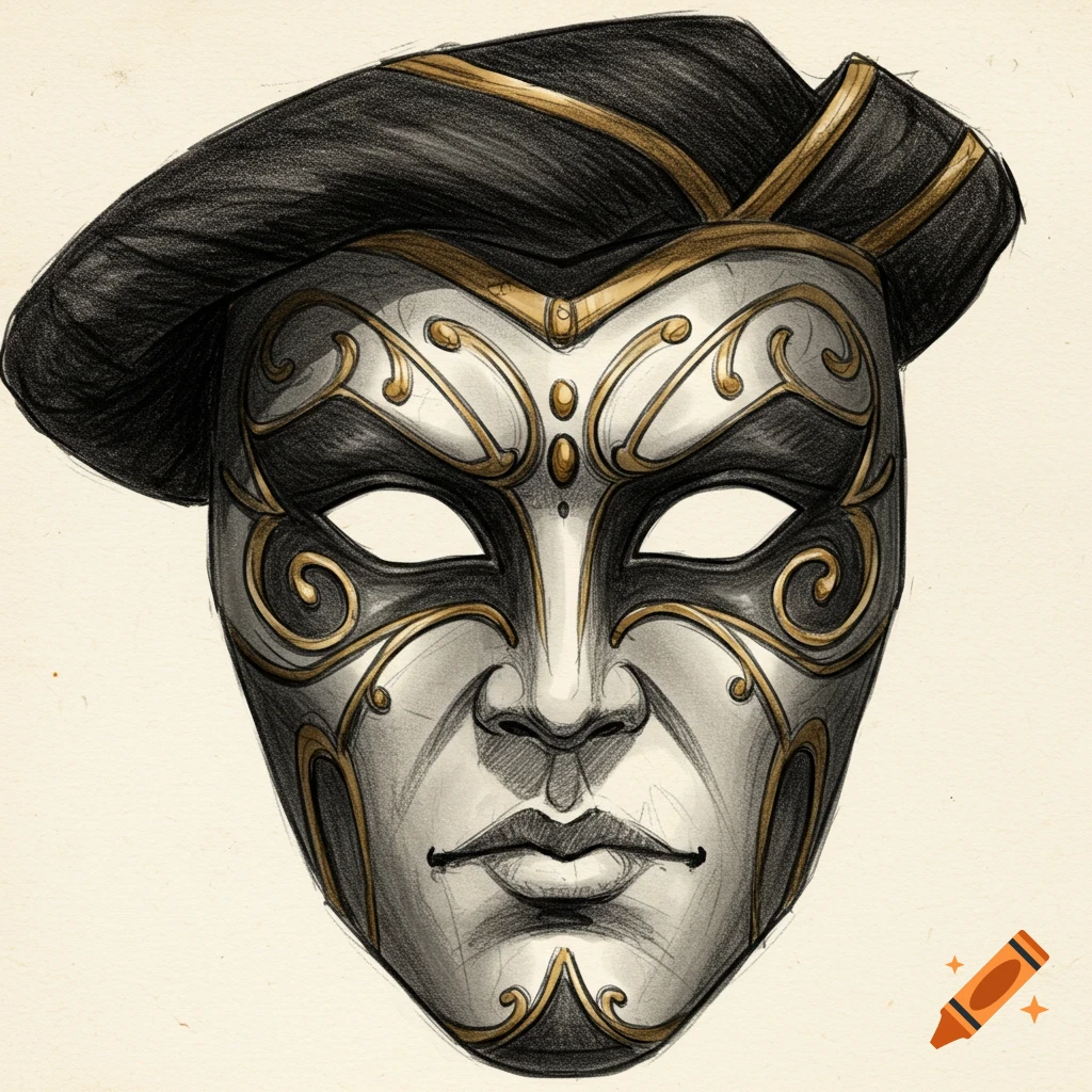 Pencil drawing of a Venetian-style mask in black and gold. on Craiyon