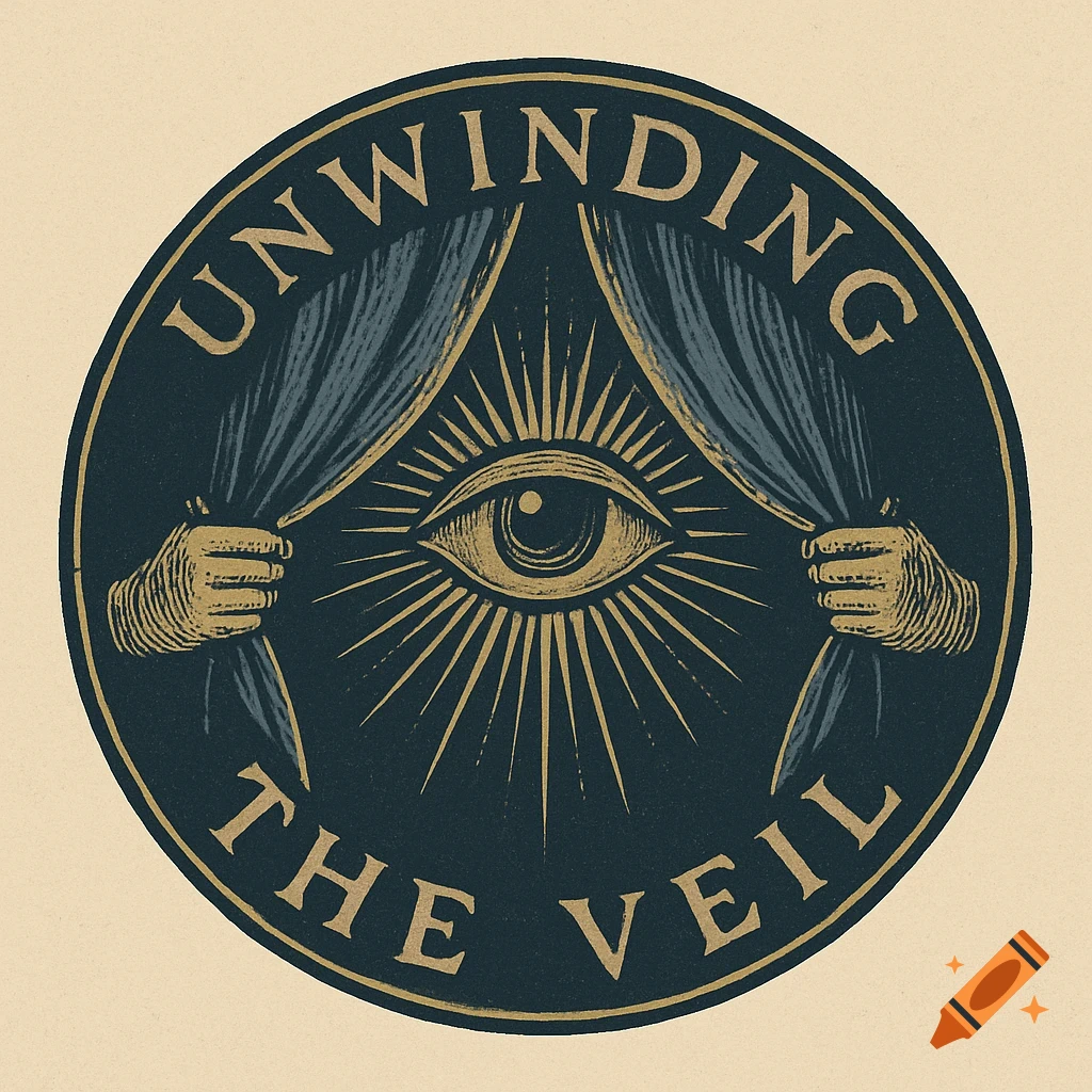 Circular logo of an eye radiating light behind curtains held open by ...