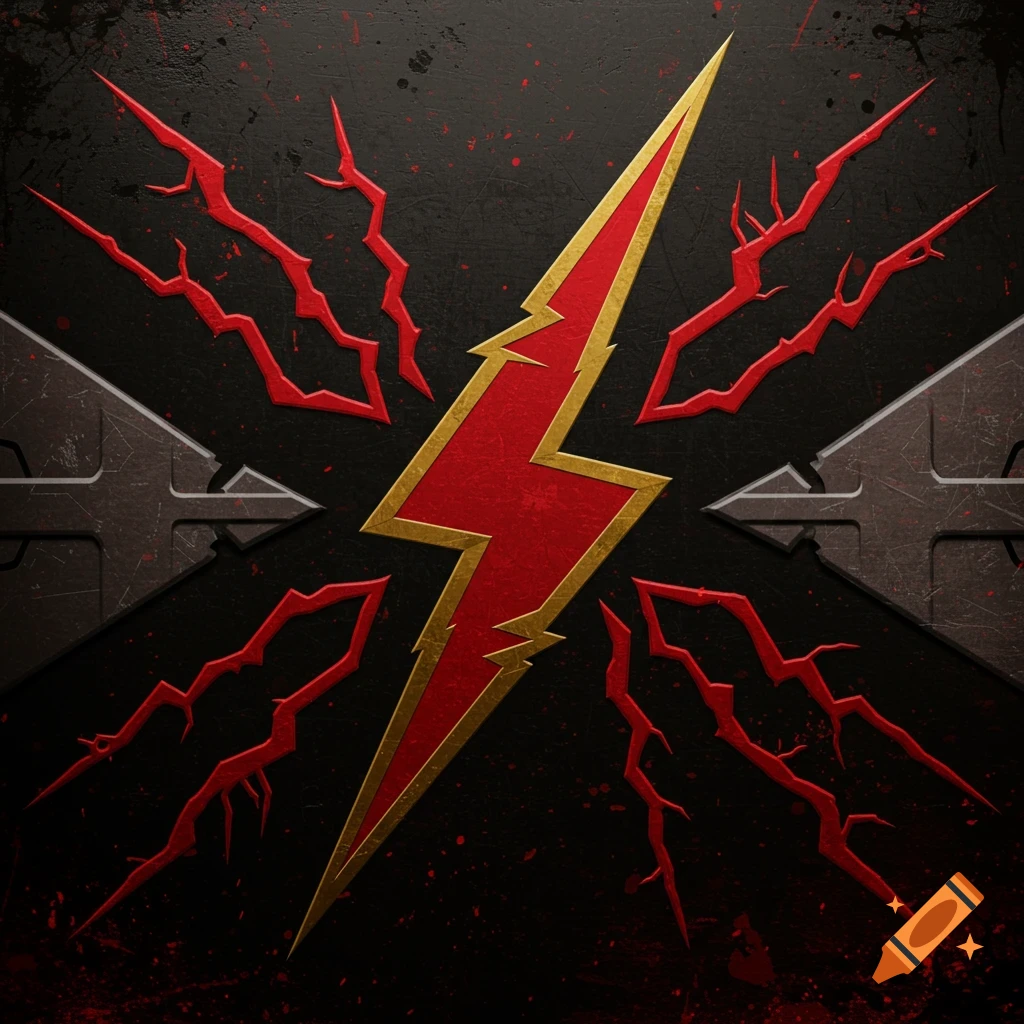 A red and gold lightning bolt symbol on a dark, textured background ...