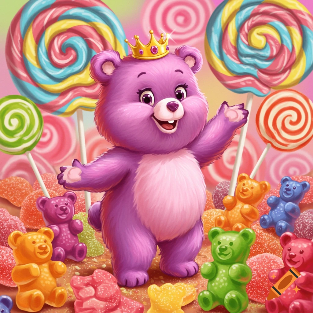 A purple cartoon bear wearing a gold crown stands in a field of candy ...