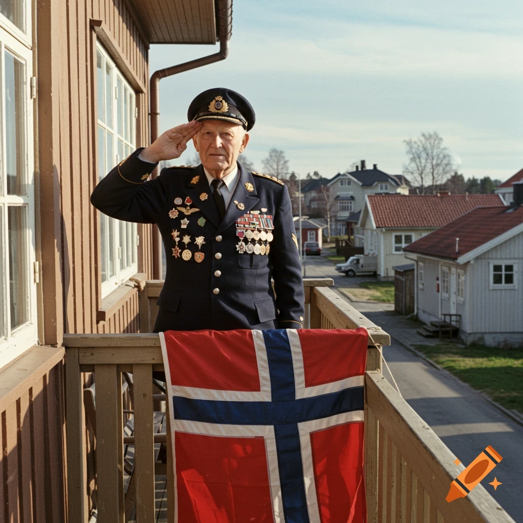 Old Norwegian man in military uniform with medals stands on balcony ...