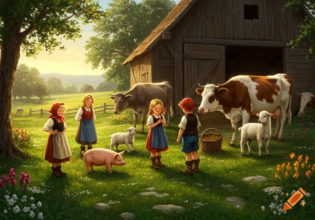 Children playing with cows, sheep, and a pig on a farm near a barn in a ...