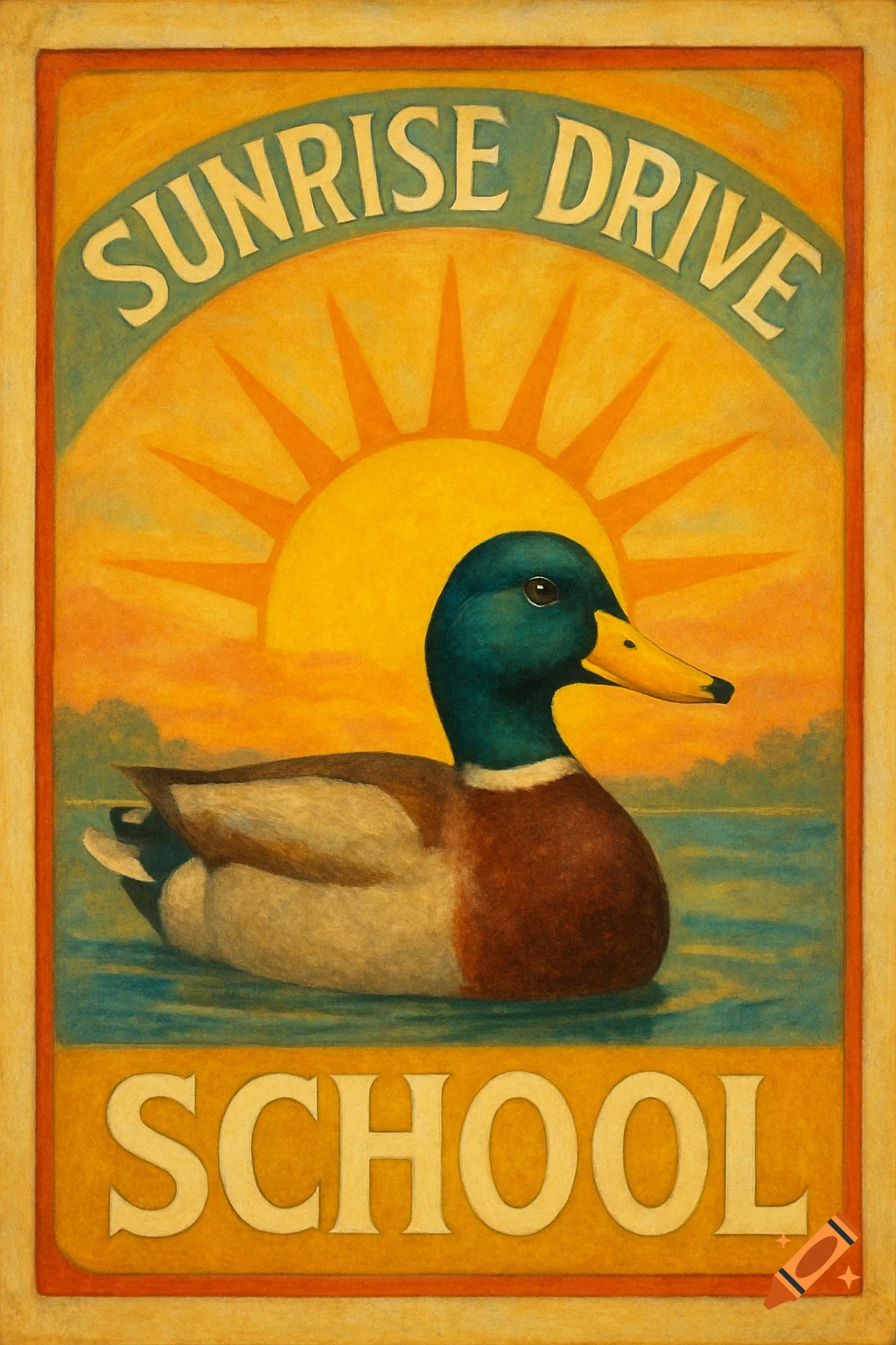 Vintage style illustration poster of a mallard duck on water with a ...