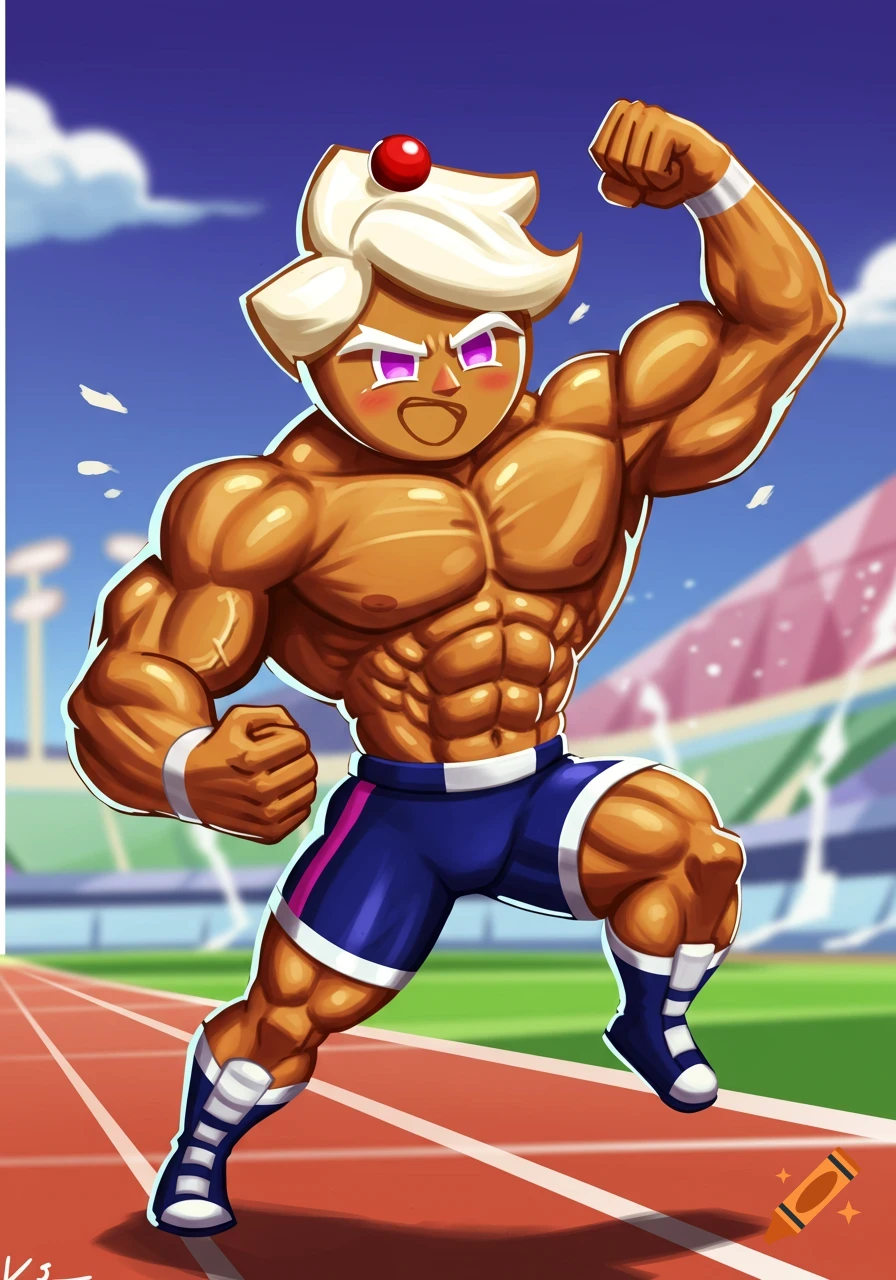 A muscular cartoon cookie character runs on a track, flexing its bicep ...