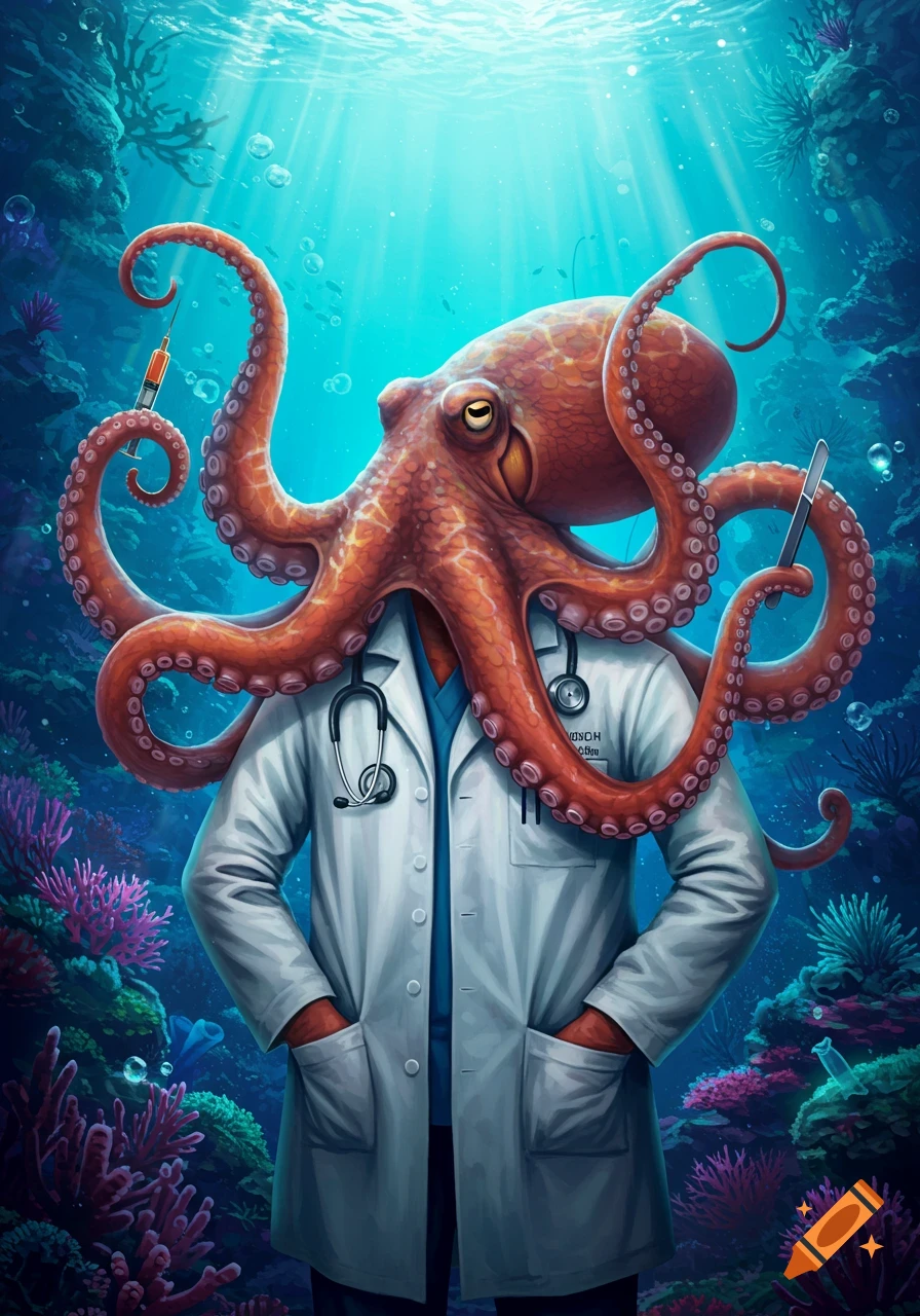 An anthropomorphic octopus wearing a white doctor's coat and ...
